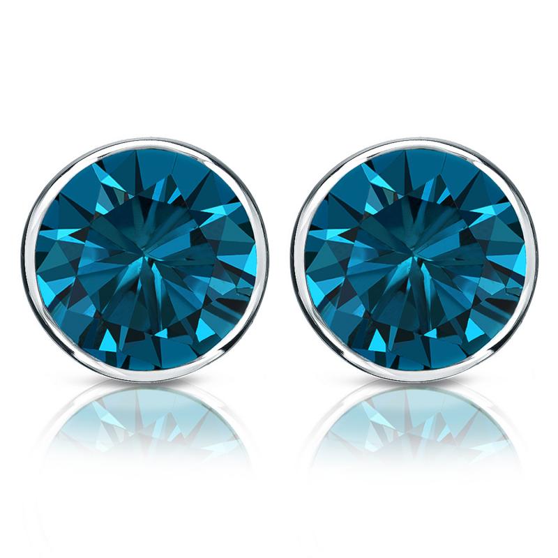 Certified Platinum Bezel Round Blue Diamond Stud Earrings 2.00 ct. tw ...