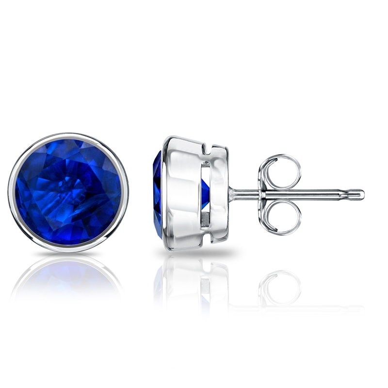 14k White Gold Bezel Round Blue Sapphire Gemstone Stud Earrings 0.50 ct ...